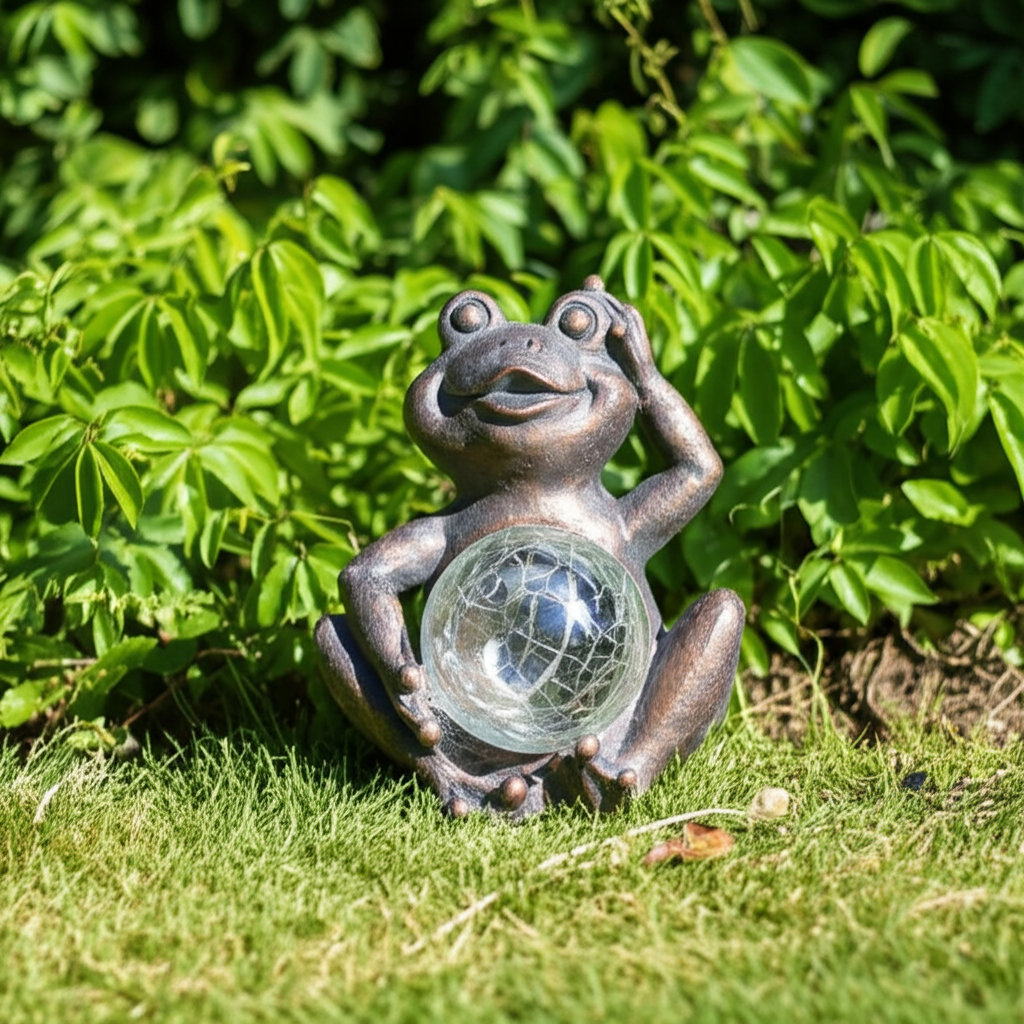 Trinx 7-inch Polyresin Frog with Glowing Solar Orb in Antique Copper | Wayfair